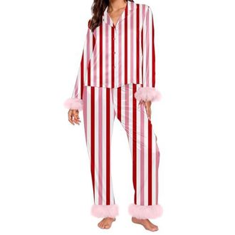 Generic Ensemble de pyjama en satin pour femme - V&ecirc;tement de nuit imprim&eacute; coeur - Haut et pantalon boutonn&eacute;s - Tenue 2 pi&egrave;ces - Pyjama en soie doux et confort