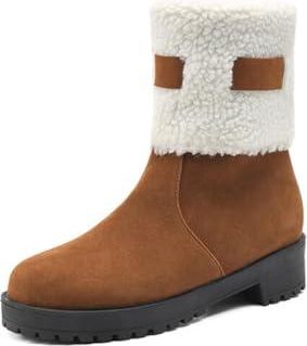 Generic Bottes Chevilles pour Femme Bout Rond Doublure en Laine Dessus en Daim Durable Talons Blocs Bas À Enfiler Chaussures dhiver Décontractées,Marron,38 EU