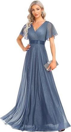 Ever-pretty Robe Longue de Soiree Tulle Plissé Femme Manches Courtes Col V A Line Taille Empire Brillante Élégante Bleu Brume 46