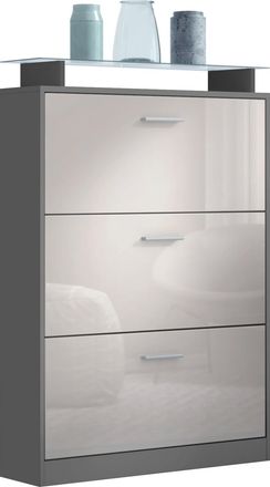 Vladon Schuhschrank Lavia, Schuhkipper für 24 Paar Schuhe mit 3 Klappen und Glasablage, Anthrazit matt/Sandgrau Hochglanz (89 x 128 x 23 cm)