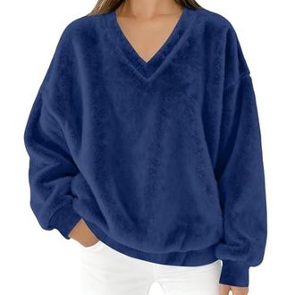 Generic Sweat-shirt uni pour femme - Chemisier tendance décontracté en flanelle de couleur unie - Col en V - Manches longues - Vêtements de sport pour les ten