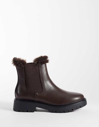 London Rebel Noa teddygef&uuml;tterte klobige Chelsea-Boots in Braun