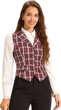 Allegra K Damen Weste Elegant Vintage Karierte Anzugweste Einreihig Reverskragen &Auml;rmellos Westen Rot Schwarz L