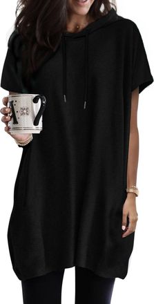 Dokotoo Kapuzenpullover Damen Hoodie Oversize T-Shirts Sommer Oberteile Kurzarm mit Kapuze Pullover Sweatshirt Tops L&auml;ssig Einfarbig Tshirts Oberteil Schwarz 