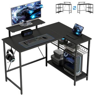 HOMCOM Bureau gaming dangle - HOMCOM - r&eacute;versible - support pour &eacute;cran, &eacute;tag&egrave;re maille r&eacute;glable - cadre en acier - 114,5x82x91,5cm - noir