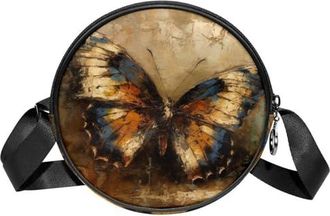 Generic Sac &agrave; bandouli&egrave;re rond pour femme, motif papillon vintage, petit sac &agrave; bandouli&egrave;re avec fermeture &eacute;clair, bretelles r&eacute;glables, sac &agrave; main rond d&eacute;contr