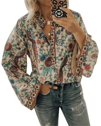 ORANDESIGNE Damen Vintage Bohemian Blusen Hippie Blumen Bluse Boho Tunika Elegante Oberteile Tops Langarm Shirt (M, A Aprikose)