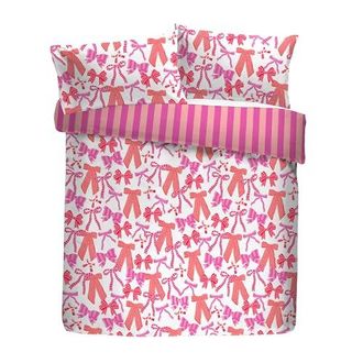 Bedlam Bettbezug-Set, 100% Polyester (60% recycelt), Einzelbettgröße 140 x 200 cm, Rosa, Schleifendruck mit gestreifter Rückseite, pflegeleicht