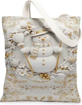 Generic Sacs fourre-tout en toile motif bonhomme de neige dhiver, sacs d&eacute;picerie r&eacute;utilisables, vintage, l&eacute;gers et lavables avec bandouli&egrave;re pour Tra, blanc, 