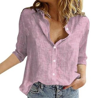 Generic Chemisiers en coton et lin pour femme - Manches 3/4 - Col en V - Chemisier basique pour le travail de bureau, rose, XXL