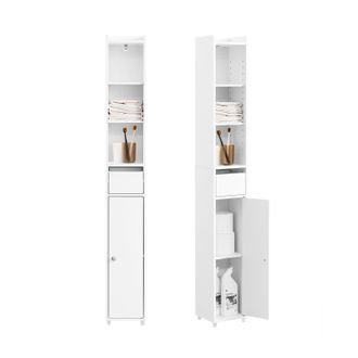 SoBuy Badezimmerschrank Schmal Hochschrank Badregal Schrank mit T&uuml;r und Schublade Badm&ouml;bel Apothekerschrank Stehend Nischenregal f&uuml;r Badezimmer Kleinr&auml;ume 2