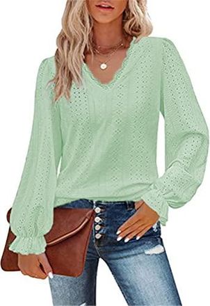 TOMWELL Chemisier Femme Col V Blouse Élégant Haut à Manches Longues Tunique Basiques Ample Fluide Chic Vintage T-Shirt Femme Tops Creux Décontracté Sweat A Ve