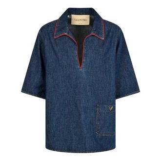 Valentino Garavani Chemise en coton &agrave; col en V - Femme - Blouses et Chemises - Bleu - Taille: 38 FR