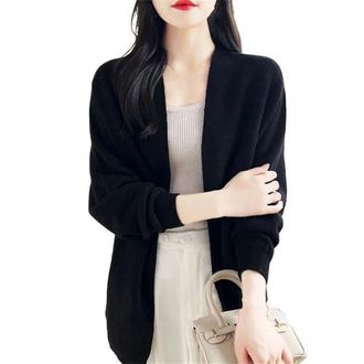 Generic Cardigan en laine pour femme 100 % laine tricot&eacute;e ample confortable col en V, noir, Taille XL