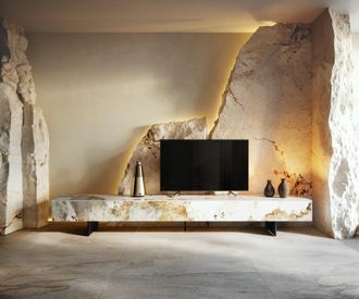 DELIFE Lowboard Cuor 250 cm Keramik Minas Melange Wei&szlig;-Beige 1 Klappe 1 Schubfach Fu&szlig; Schwebeoptik Metall Schwarz, Lowboards