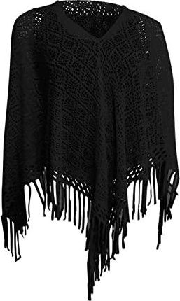 Generic Cape à capuche pour femme quatre saisons châle tricoté géométrique pompon décoration multi-usages châle écharpe en coton, Noir, taille unique