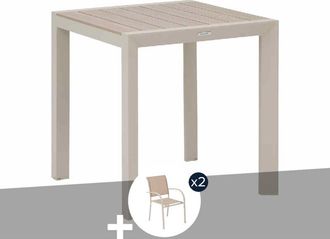 Hesperide Table de jardin carr&eacute;e alu Evasion 2 places effet bois Lin et argile + 2 fauteuils Piazza - Hesp&eacute;ride