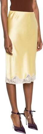 Saint Laurent Satin Midi Rock mit Spitzeneins&auml;tzen - - Skirts - Damen - Gelb - XL