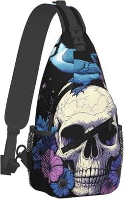 Generic Casual Sacoche Tactique Art floral, oiseau et cr&acirc;ne Sacs &agrave; Bandouli&egrave;re Antivol Sling Sac &agrave; Dos pour Homme &eacute;cole Camping