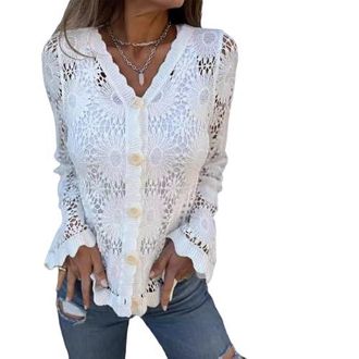 Generic Découpes brodées col en V et boutons à manches longues, pulls au crochet pour femmes, hauts et chemisiers en dentelle pour femmes, blanc, XXL