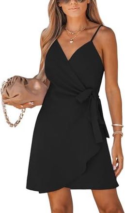 Cupshe Robe dété pour femme avec col en V, dos nu, noeud papillon latéral, sans manches, bretelles spaghetti, robe trapèze décontractée, Noir, L