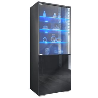Vladon Vitrine Granada, Made in Germany, Vitrinenschrank mit Glast&uuml;r und Glaseinsatz inkl. LED, Anthrazit matt/Schwarz Hochglanz (50 x 122,5 x 34,5 cm)