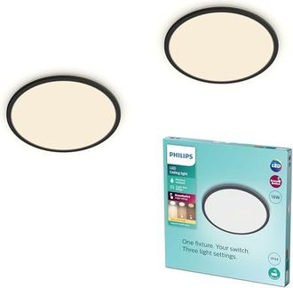 Philips LED Badezimmer Deckenleuchte Superslim (18 W), 3 Lichteinstellungen, warmwei&szlig;es Licht, dimmen ohne Dimmer, IP44 Schutz, schwarz, 30cm, 2er Pack