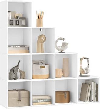 Woltu &Eacute;tag&egrave;re &agrave; Livres, &Eacute;tag&egrave;re dEscalier avec 10 Cubes, en Bois dIng&eacute;nierie Blanc &Eacute;tag&egrave;re en Effet pour Salon, Bureau, Chambre &agrave; Coucher, 120x30x120cm, SK0