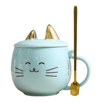 Generic Katzen-Teetasse, Katzenbecher F&uuml;r Katzenliebhaber - 480 Ml S&uuml;&szlig;e Katzenbecher Mit Deckel,Kreative Frauen-K&auml;tzchen-Tasse Mit Edelstahll&ouml;ffel, Neuartige 