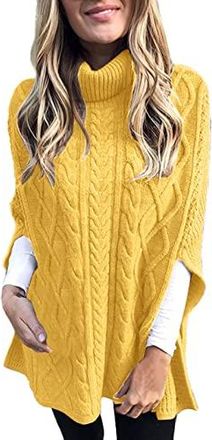 Generic Poncho en tricot &agrave; col roul&eacute; pour femme avec motif cable, &eacute;l&eacute;gant, ample, cape chaude, chandail chic, hauts &agrave; col roul&eacute;, Ye2., L