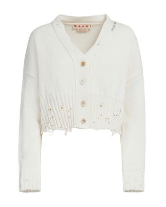 Marni Hand-Embroidered Logo Cotton Knit Cardigan - White