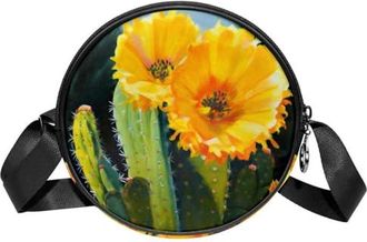 Generic Petit sac &agrave; bandouli&egrave;re rond pour femme, motif fleurs de cactus avec fermeture &eacute;clair, bretelles r&eacute;glables, sac &agrave; main rond d&eacute;contract&eacute; pour femmes et