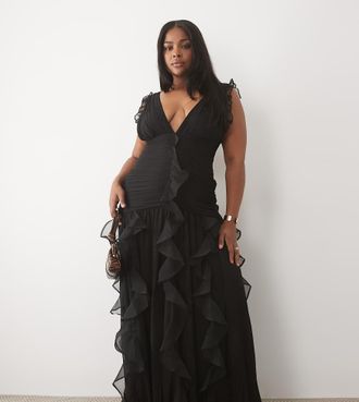 Asos Curve Maxikleid mit Raffungen und Wasserfalleffekt in Schwarz