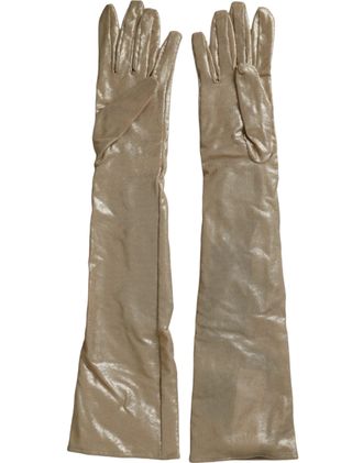 Dolce & Gabbana Womens Beige Satin Crystal Elbow Length Gloves Nylon Elastane