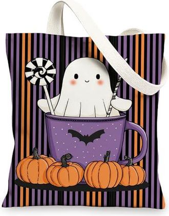 Generic Sac fourre-tout en toile motif fantôme mignon, motif citrouille dHalloween fantaisie, sacs dépicerie réutilisables, légers et lavables avec bandoulièr