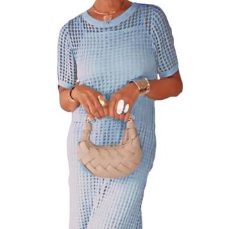 Generic Robe deux pièces à col rond creux de qualité de lair pour femme, robe longue de vacances, robe dété à manches courtes et à manches courtes, bleu clair