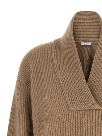 Brunello Cucinelli Cashmere Shawl-Collar Sweater - Beige