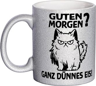 OM3 lustige Glitzertasse mit Spruch - Morgenmuffel Katze - Guten Morgen - Statement - Glitter Tasse - Keramik Becher - 11oz 325ml - Beidseitig Bedruckt - 