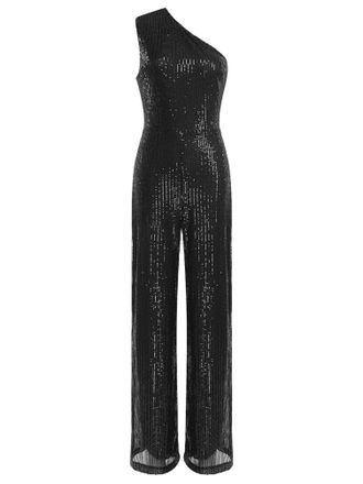 TiaoBug Damen Pailletten Jumpsuit Overall Ein-Schulter Body mit Weite Hose Festlich Einteiler Modern Hosenanzug Tanz Leotard Romper Playsuit Schwarz L