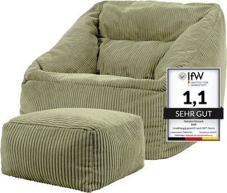 Icon Brand Natalia Sitzsack Sessel mit Hocker für Erwachsene, Salbeigrün, Flauschiger Cord Stoff, Riesen Sitzsack Samt mit Füllung, Bean Bag Chair, Bequemer Sess