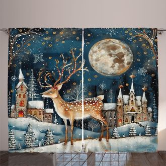 Abakuhaus Weihnachten Rustikaler Gardine, Rentier Mond Stadt Weihnachten, Schlafzimmer Kr&auml;uselband Vorhang mit Schlaufen und Haken, 280 x 225 cm, Kakao Dunkler 