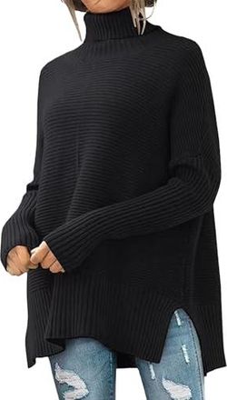 Generic Pull en Tricot &agrave; Manches Chauve-Souris pour Femme, col roul&eacute; surdimensionn&eacute;, Tunique c&ocirc;tel&eacute;e dautomne et dhiver, Style d&eacute;contract&eacute;, Noir, Taille L