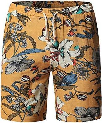 Keephen Short imprimé Style Ethnique pour Hommes Short décontracté en Lin dété avec Poches