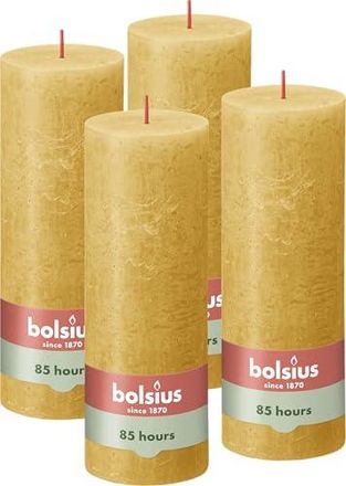 Bolsius Bougie pilier rustique - Jaune - Lot de 4 - Longue dur&eacute;e de combustion de 85 heures - Bougie de maison - D&eacute;coration dint&eacute;rieur - Non parfum&eacute;e - Cire n