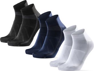 Danish Endurance Kurze Fahrrad Socken, Sommer Rennrad Socken, Gepolstert, Unisex, für Herren & Damen, 3 Paar, Mehrfarbig (1x Weiß, 1x Schwarz, 1x Dunkelblau), 43-47