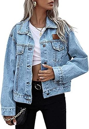 Lazutom Veste oversize en jean délavé à manches longues pour femme, bleu clair, 44