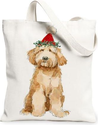 Generic Sac fourre-tout en toile motif chien de No&euml;l, sacs de courses r&eacute;utilisables, l&eacute;gers et lavables pour les voyages en plein air, blanc, 13x15 Inch