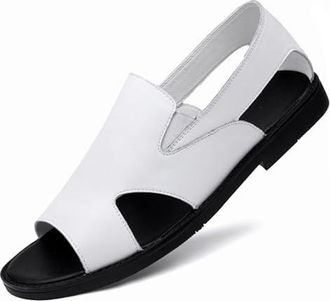 Generic Sandales plates en cuir v&eacute;ritable pour homme - Bout ouvert - Antid&eacute;rapantes - Sandales d&eacute;t&eacute; l&eacute;g&egrave;res - Sandales de plage, Blanc 3, 39 2/3 EU