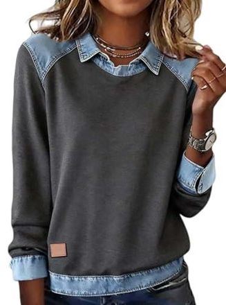Generic Chemises en denim patchwork &agrave; revers pour femme - Col en denim - Patchwork d&eacute;contract&eacute; - Pull ample - Haut de couleur unie, gris fonc&eacute;, XXL