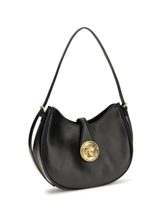 Versace Womens Small Embl&egrave;me Hobo Lambskin Shoulder Bag Black-Gold Calf Leather Bos Taurus Black/gold